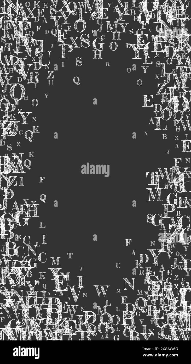 School notebook cover. White chalk floating letters of Latin alphabet ...