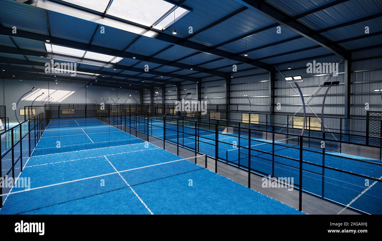 A blue padel tennis court with a blue net Stock Photo - Alamy