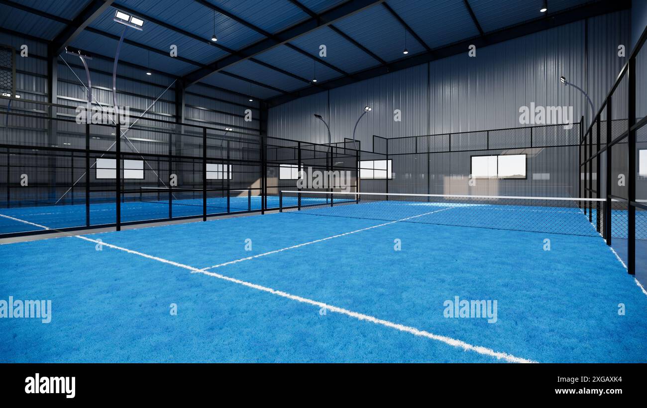 A blue padel tennis court with a blue net Stock Photo - Alamy
