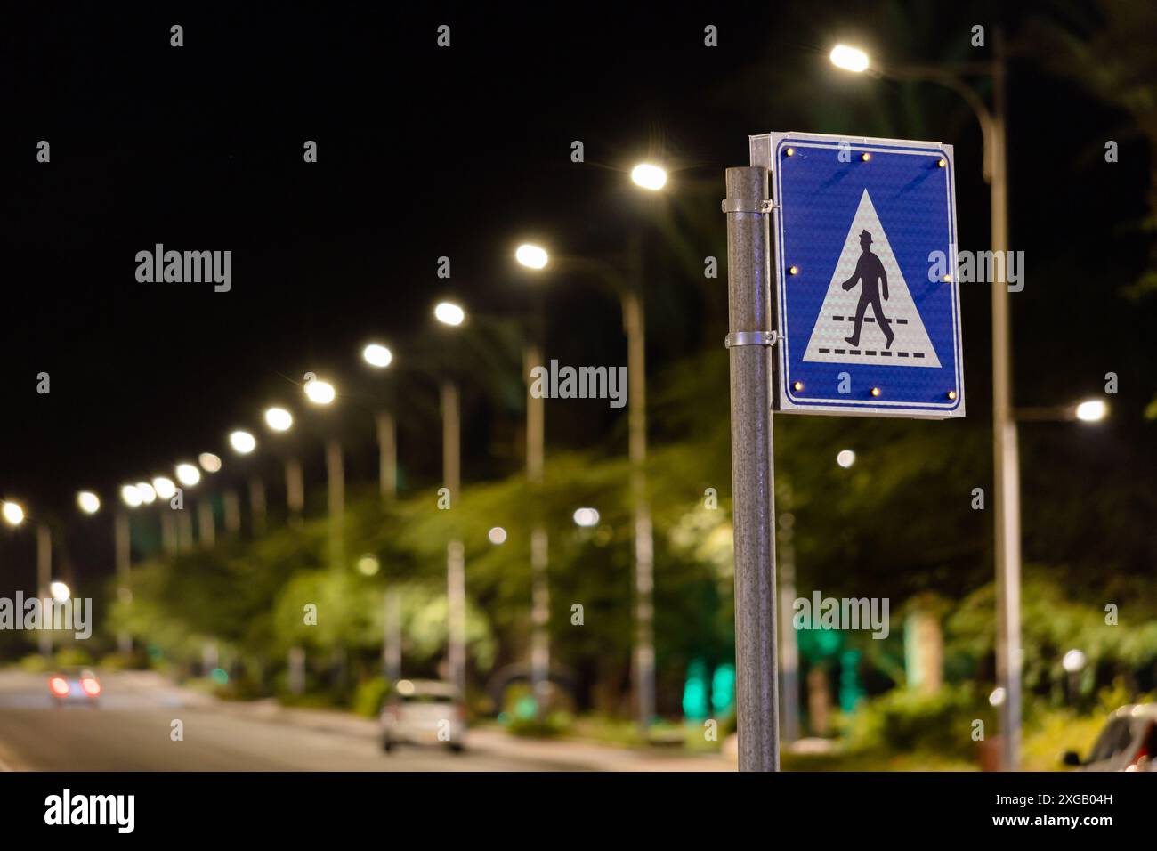 Illuminated pedestrian crossing sign at night. City street lightning ...