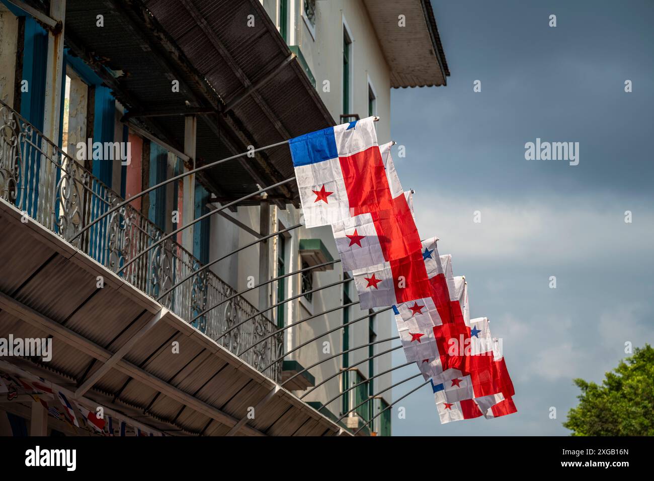 Panama flags on a balcony in a street in Casco Viejo, the old city ...