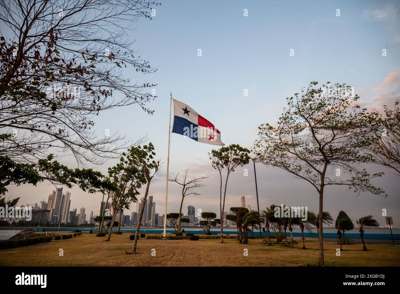 Cityscape of modern Panama City and Panama flag, Panama, Central ...