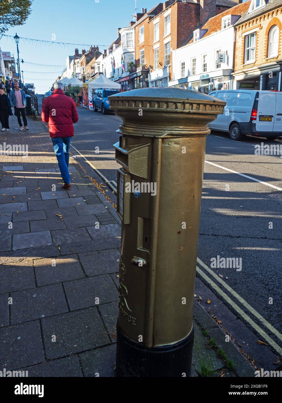 Gold post box dedicated to Sir Ben Ainslee in the Georgian town of ...