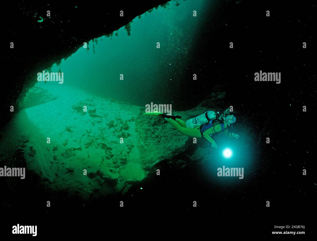 Cave diving, Scuba diver in underwater cave, Bahamas, Freshwater Blue ...