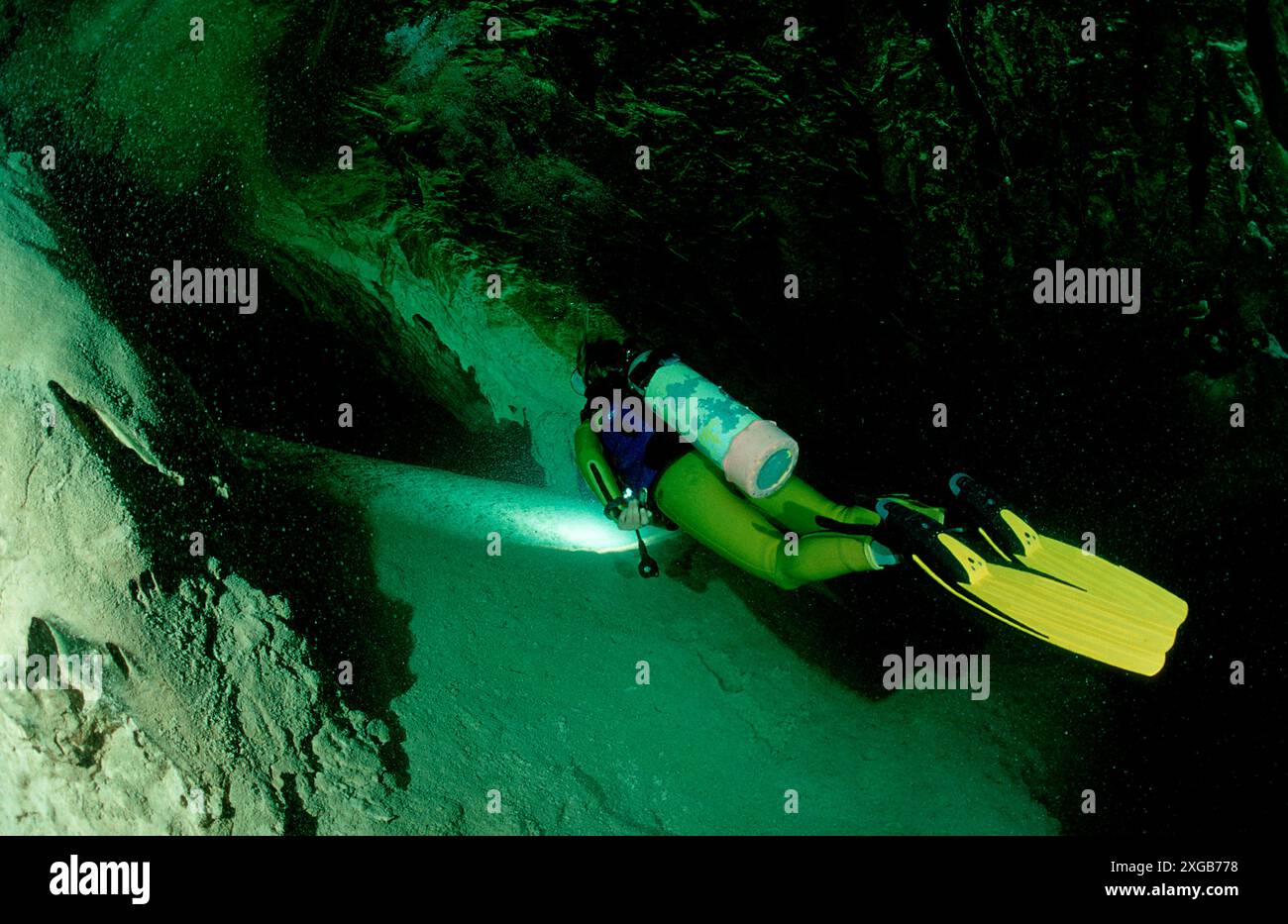 Cave diving, Scuba diver in underwater cave, Bahamas, Freshwater Blue ...