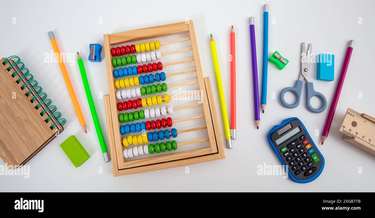 Back to school flat lay. School supplies on white background, top view ...