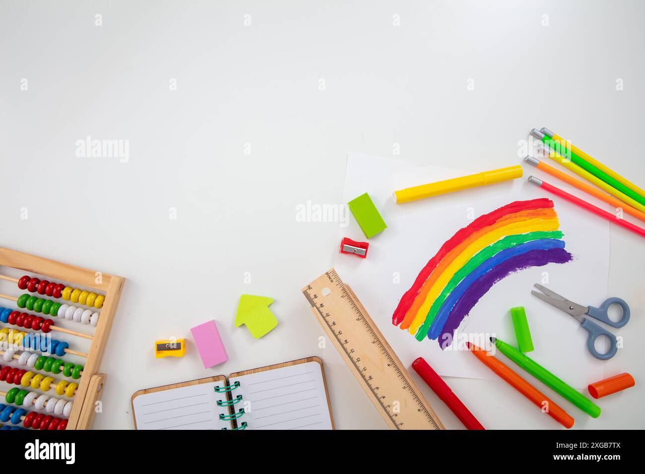 Back to school flat lay. School supplies and drawing tools on white ...