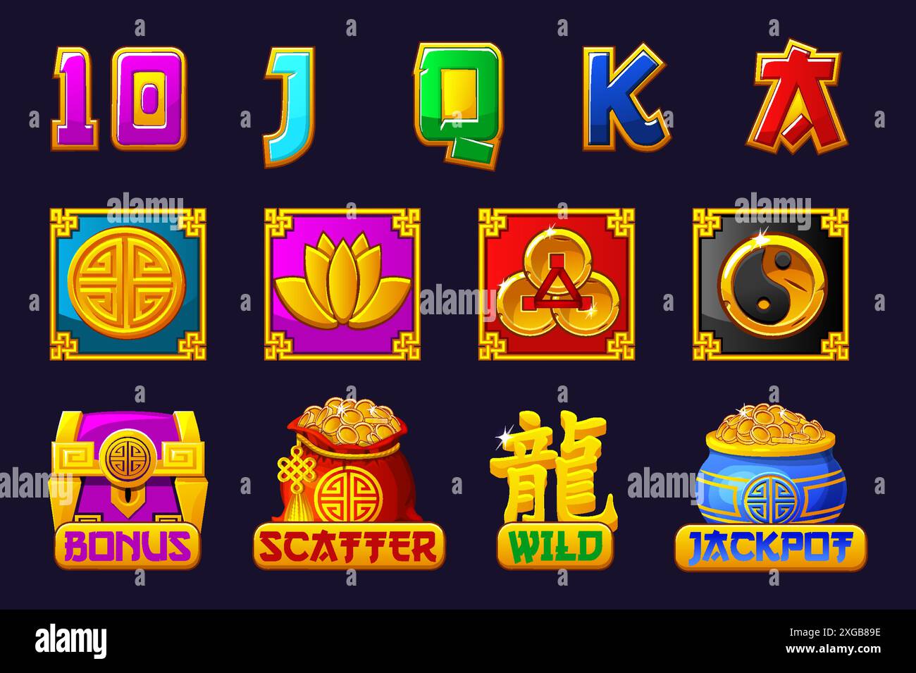 A complete set of symbols for the Chinese slot game. Here are the ...