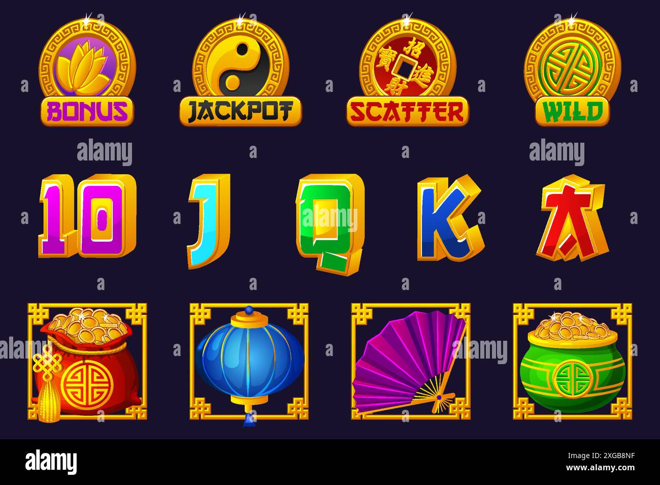 A complete set of symbols for the Chinese slot game. Here are the ...