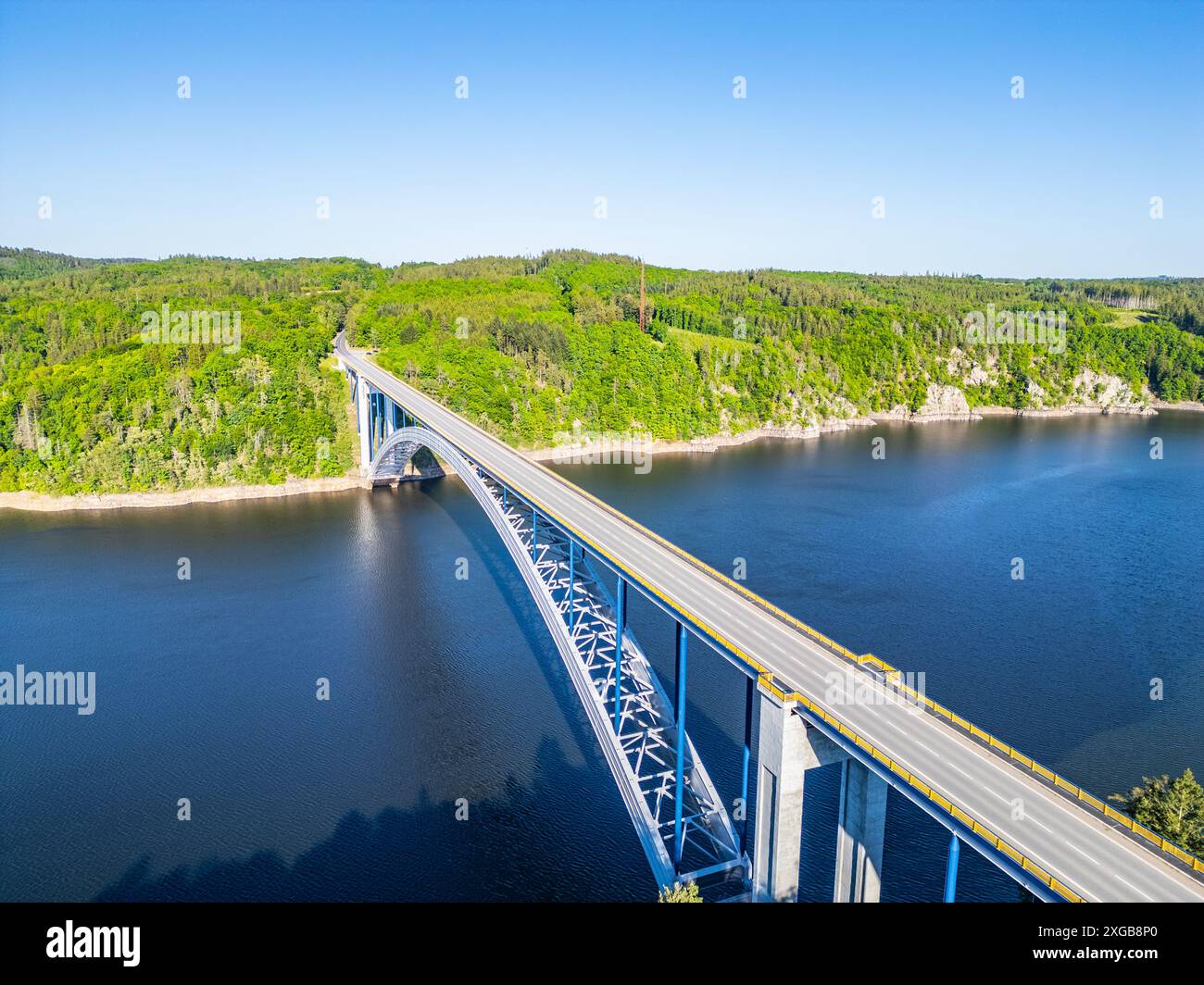 An aerial view of the Zdakov Bridge crossing the Vltava River ...