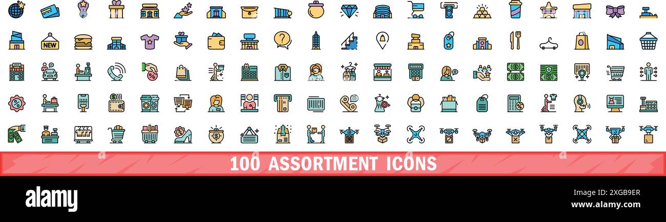 100 assortment icons set. Color line set of assortment vector icons ...