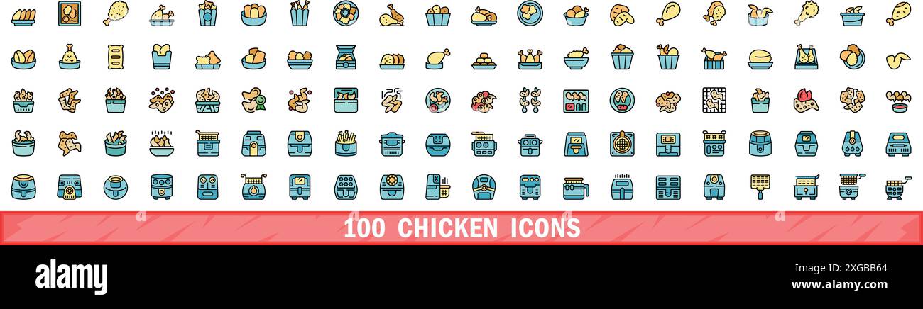100 chicken icons set. Color line set of chicken vector icons thin line ...