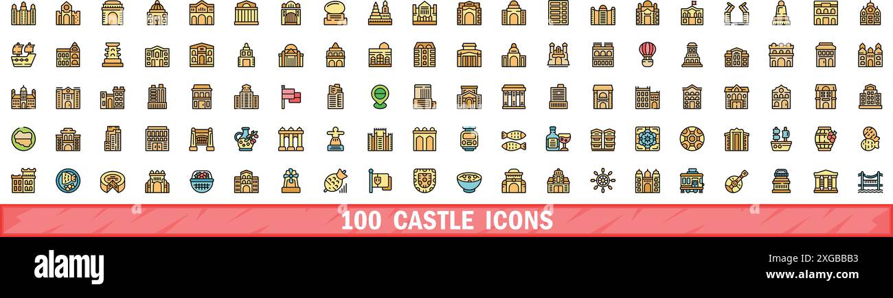 100 castle icons set. Color line set of castle vector icons thin line ...