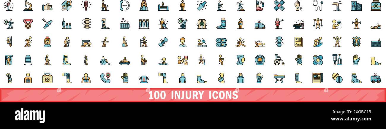 100 injury icons set. Color line set of injury vector icons thin line ...