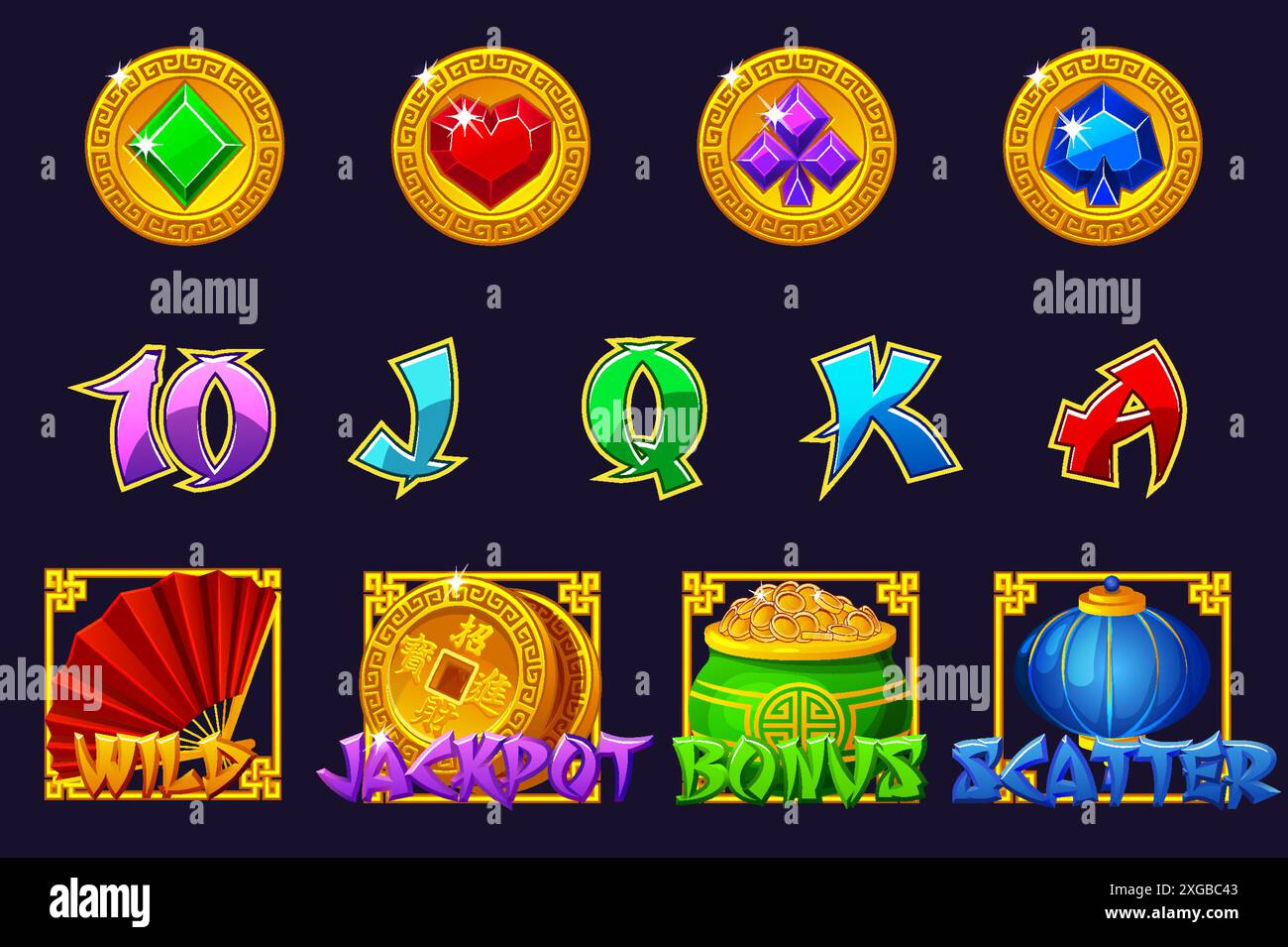 A complete set of symbols for the Chinese slot game. Here are the ...