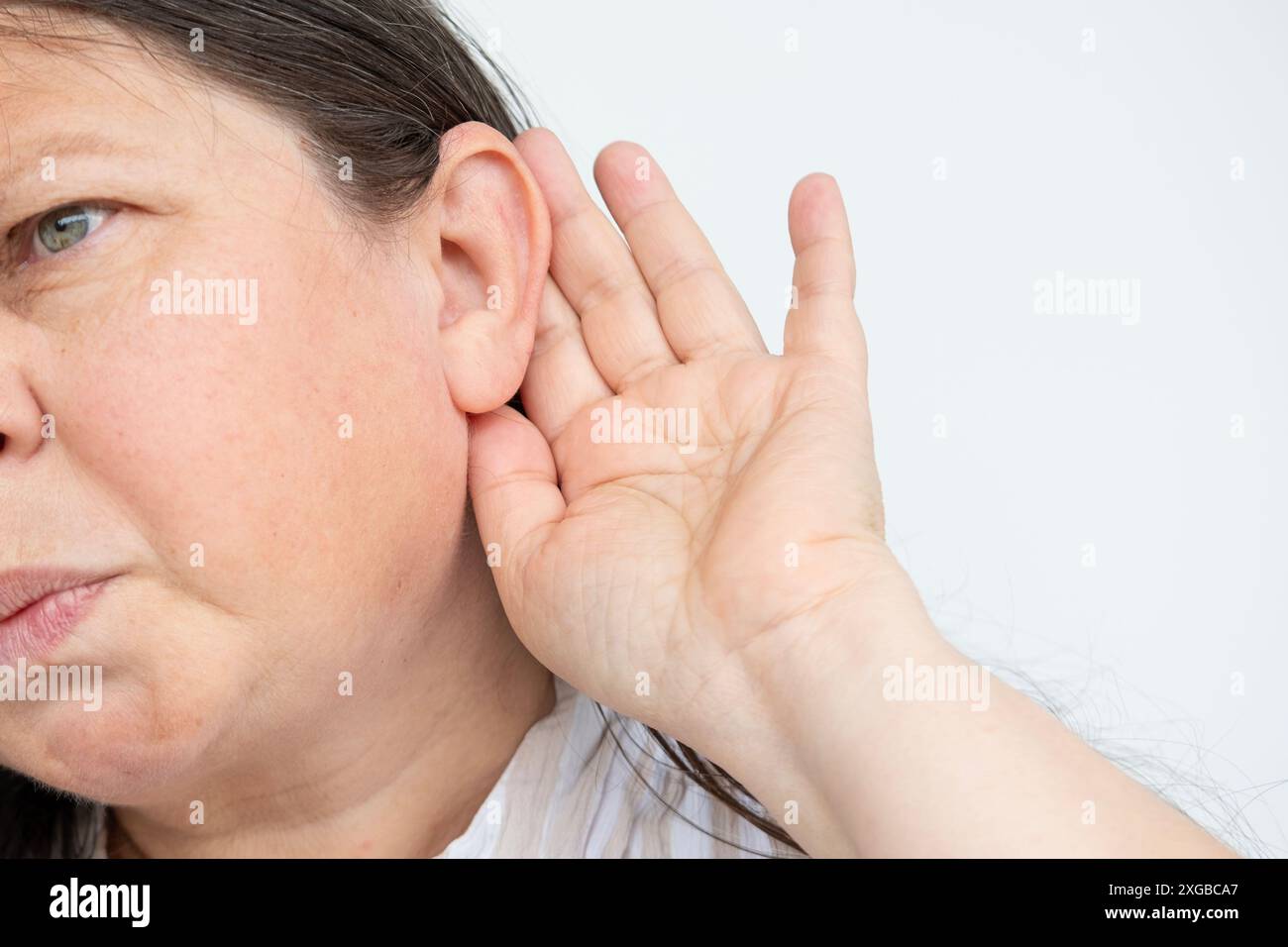 caucasian mature woman holding painful ear close up, hearing loss, Ear ...