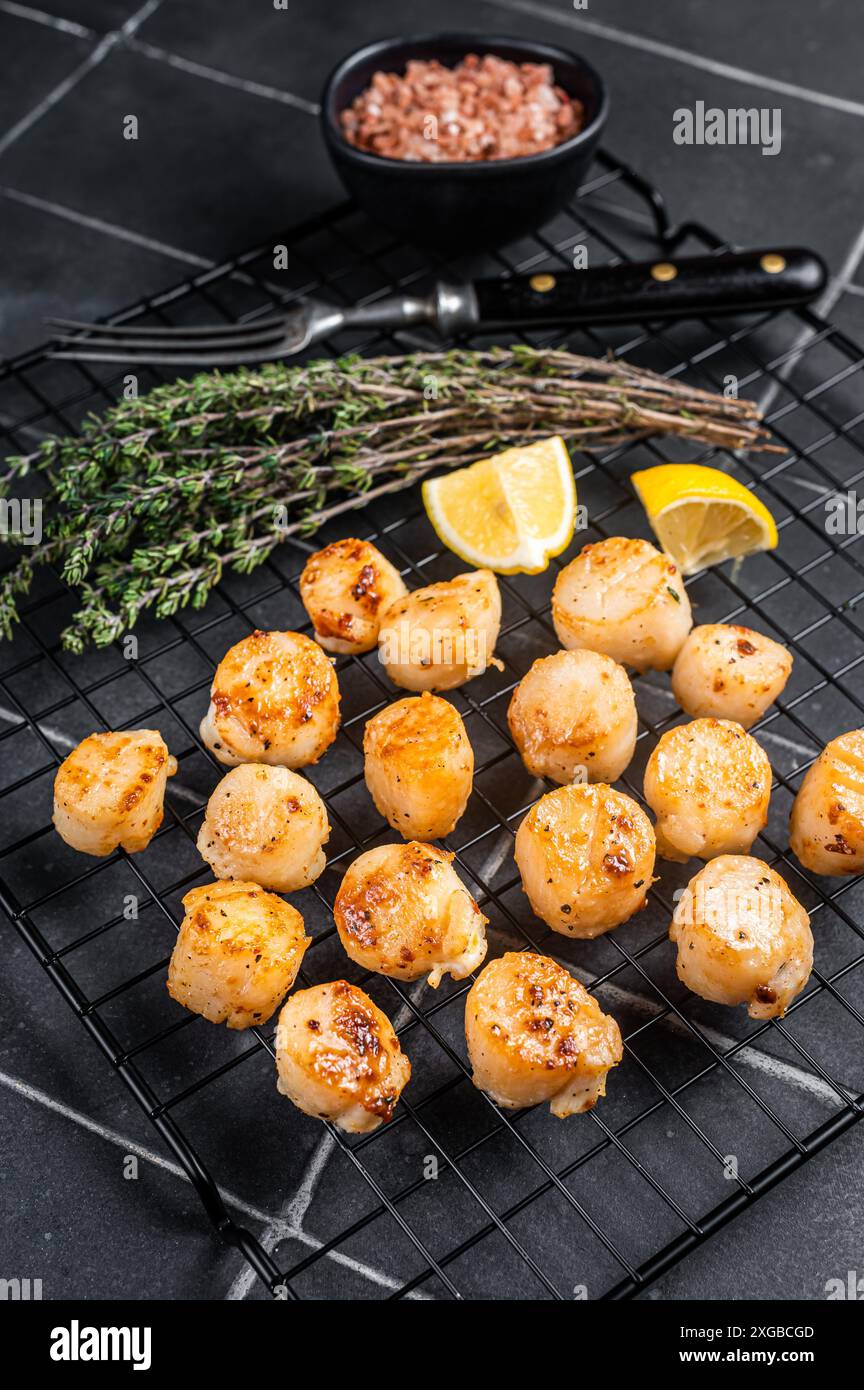 Grilled Scallops fillets on a rack. Black background. Top view Stock ...