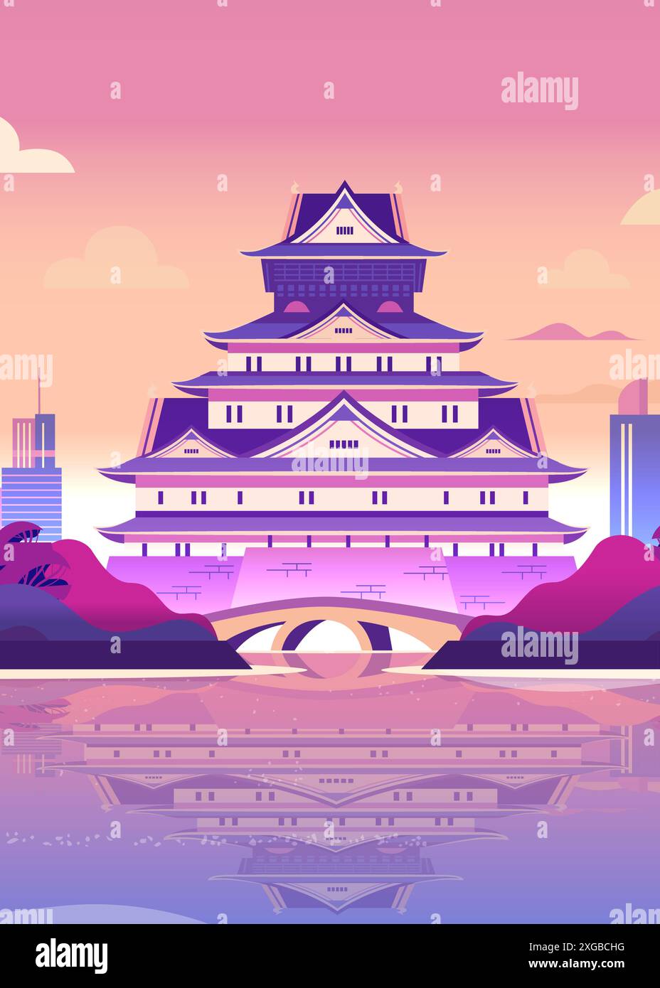 Japanese castle sunset landscape with modern buildings mountains reflection on water Stock ...