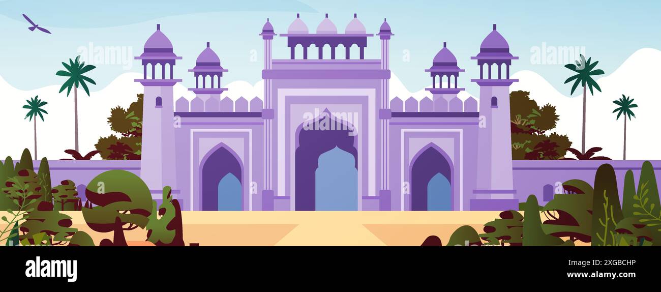 Purple palace with domes and arches surrounded by lush greenery palm ...