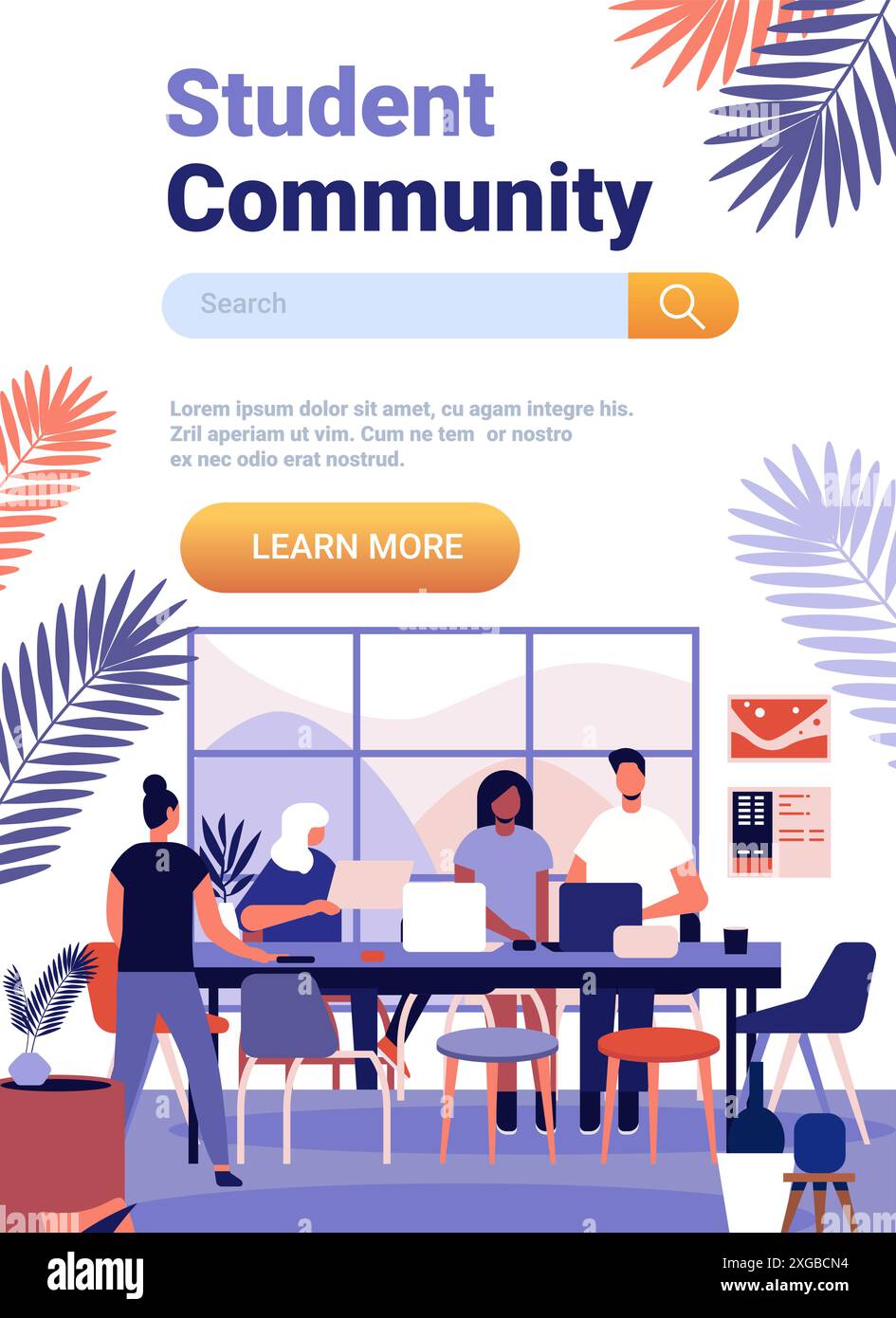 Student community workspace with diverse group collaborating on laptops ...