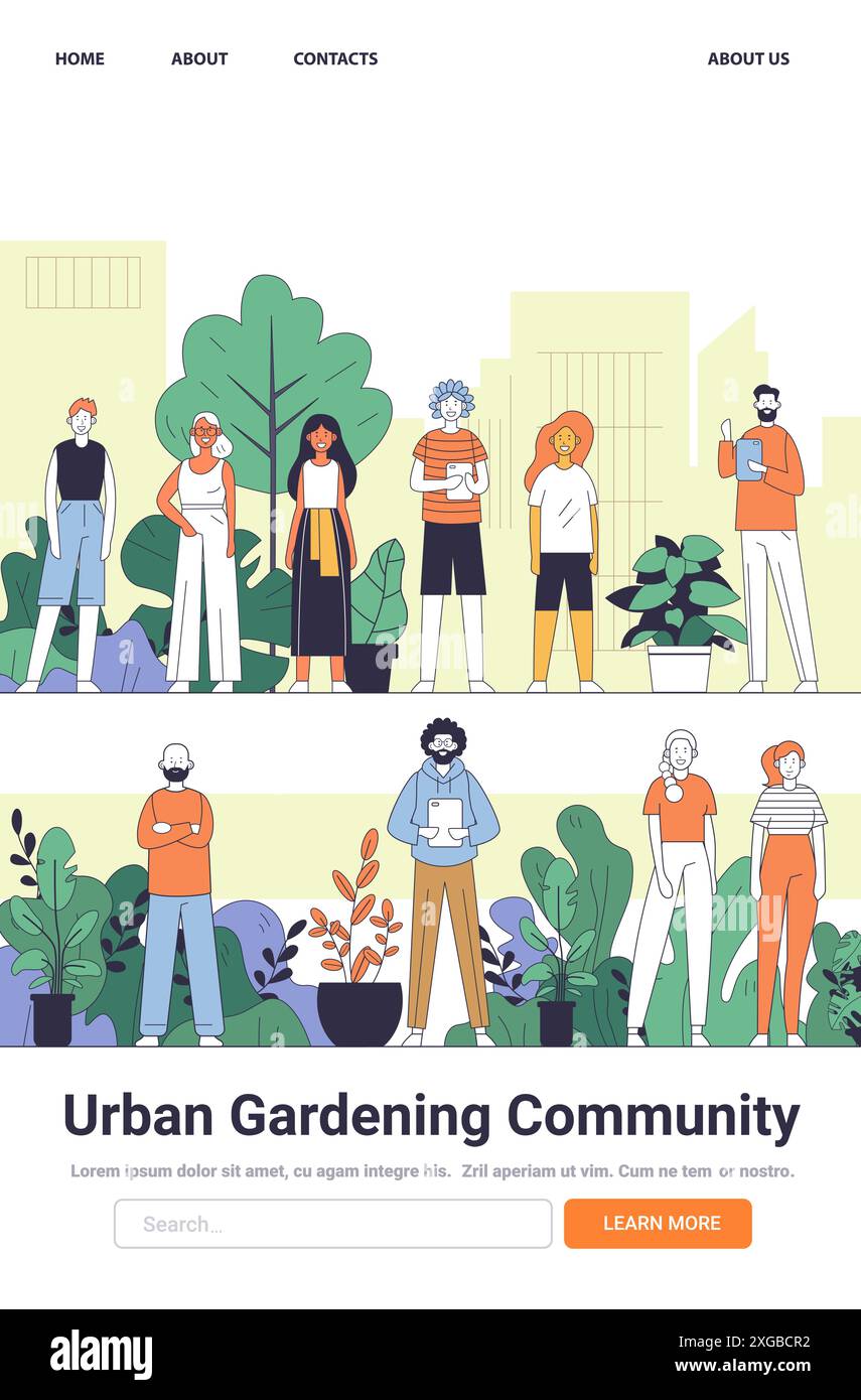 Urban gardening community illustration featuring diverse group of ...