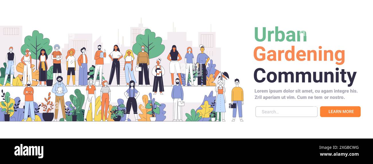 Urban gardening community illustration featuring diverse group of ...