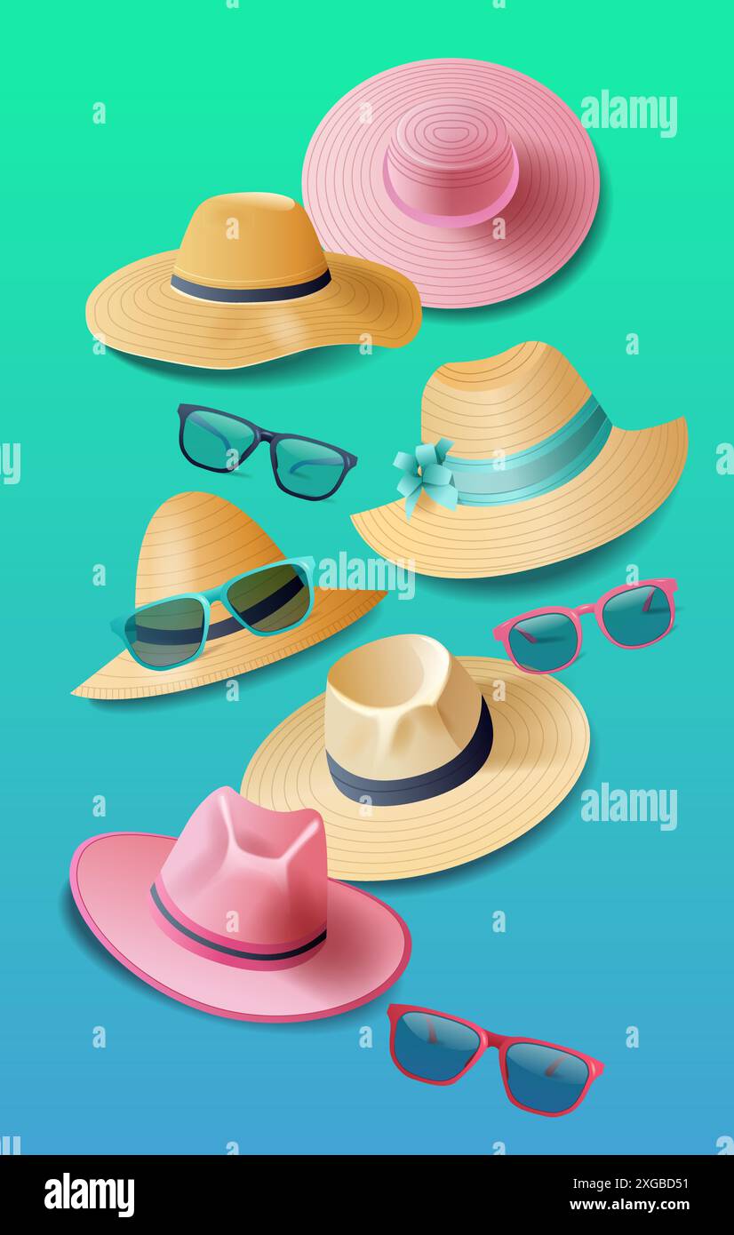 Summer hats and sunglasses collection on gradient background beach ...