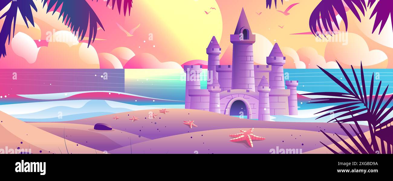 Fantasy castle on beach with starfish palm trees ocean sunset sky and ...