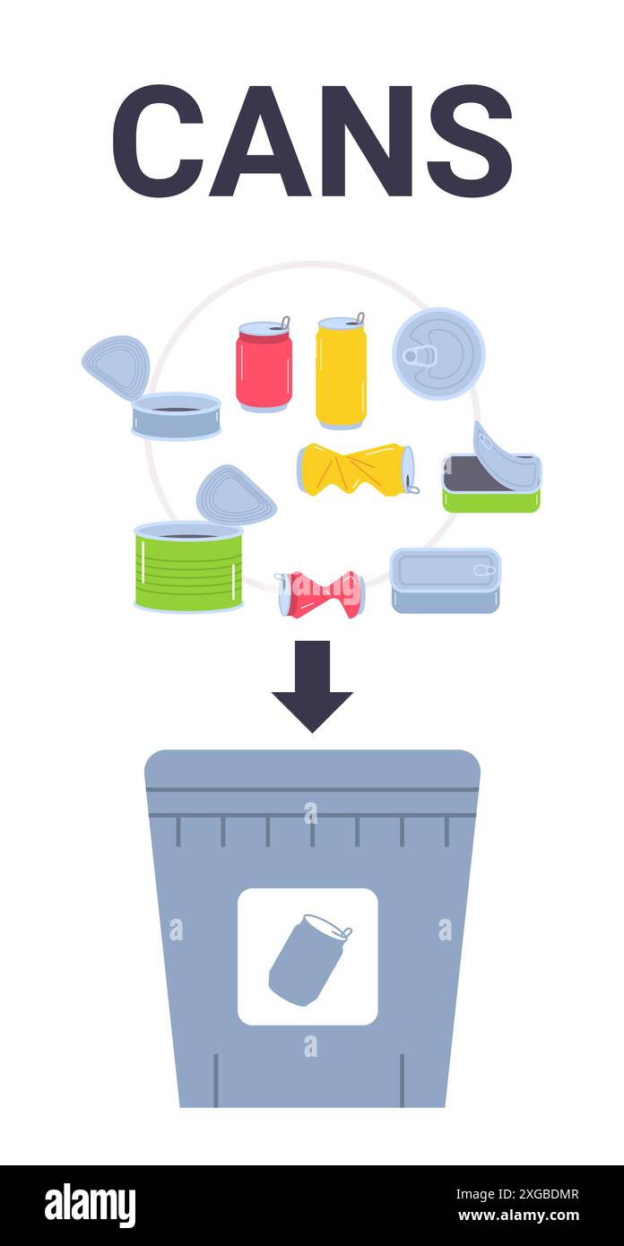 Cans waste sorting concept illustration showing various cans and lids ...