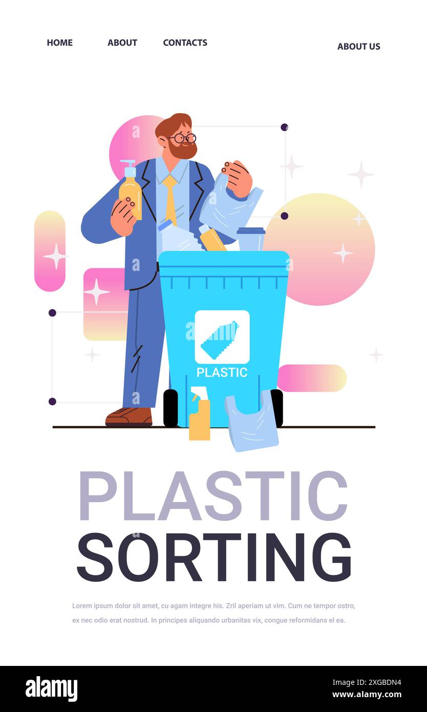 Plastic sorting man recycling waste management concept blue bin various ...