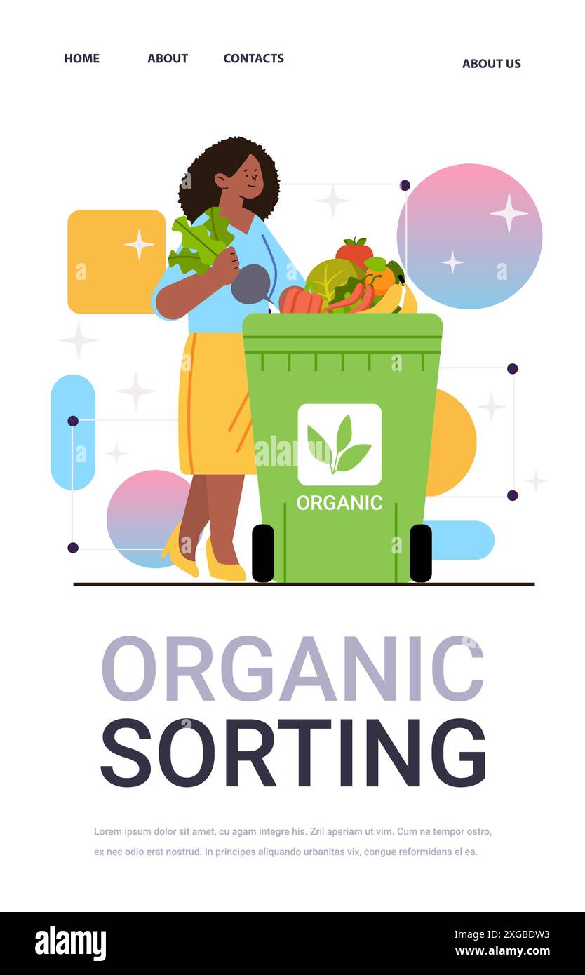 Organic sorting woman placing vegetables into green bin colorful ...