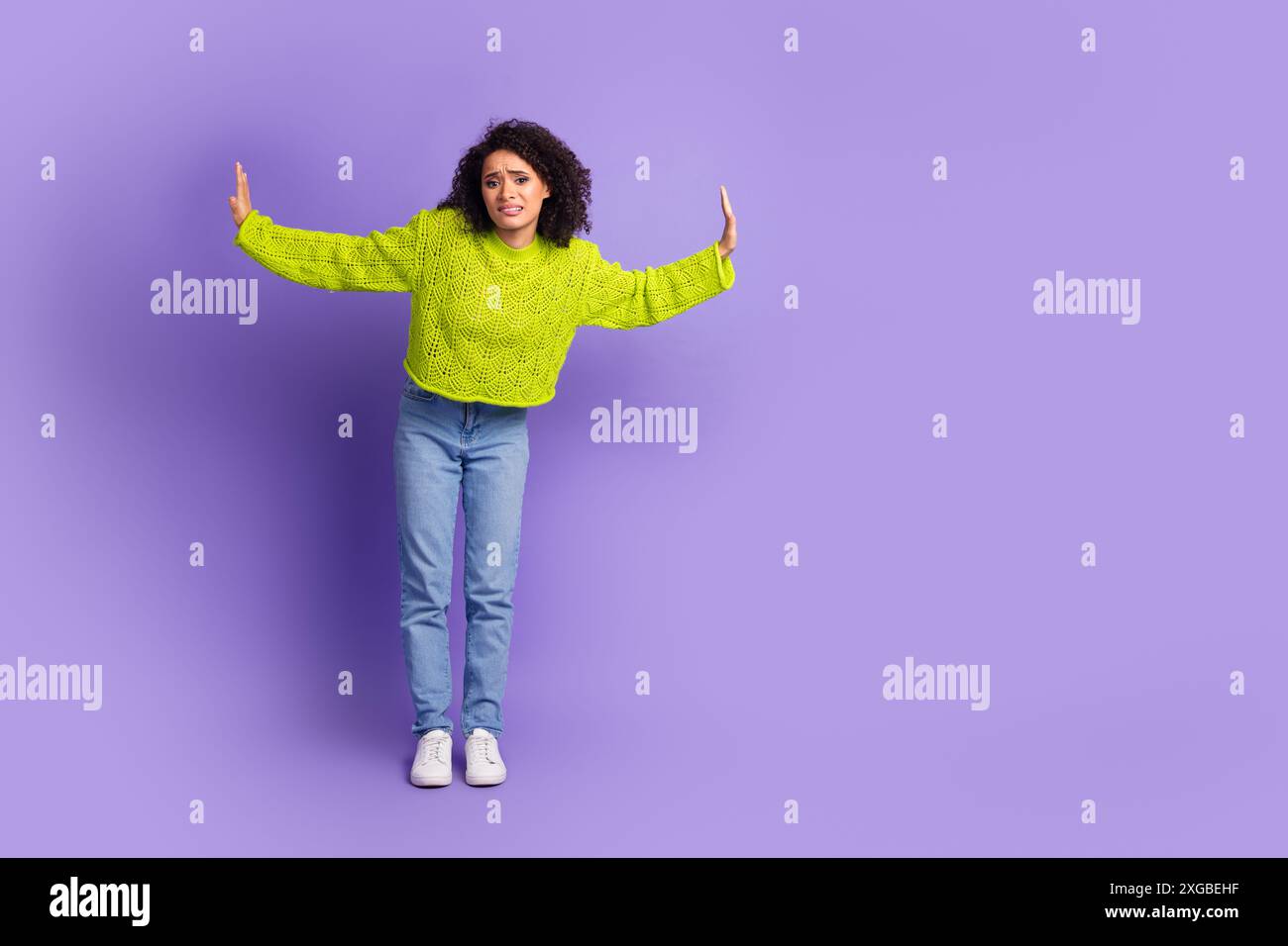 Full length photo of lovely young lady push walls pressure sad dressed ...