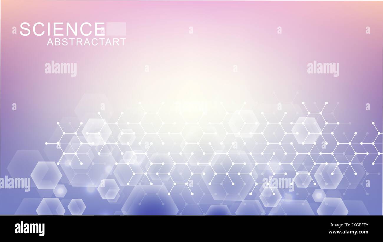 Modern scientific background with hexagons, lines and dots. Wave flow ...