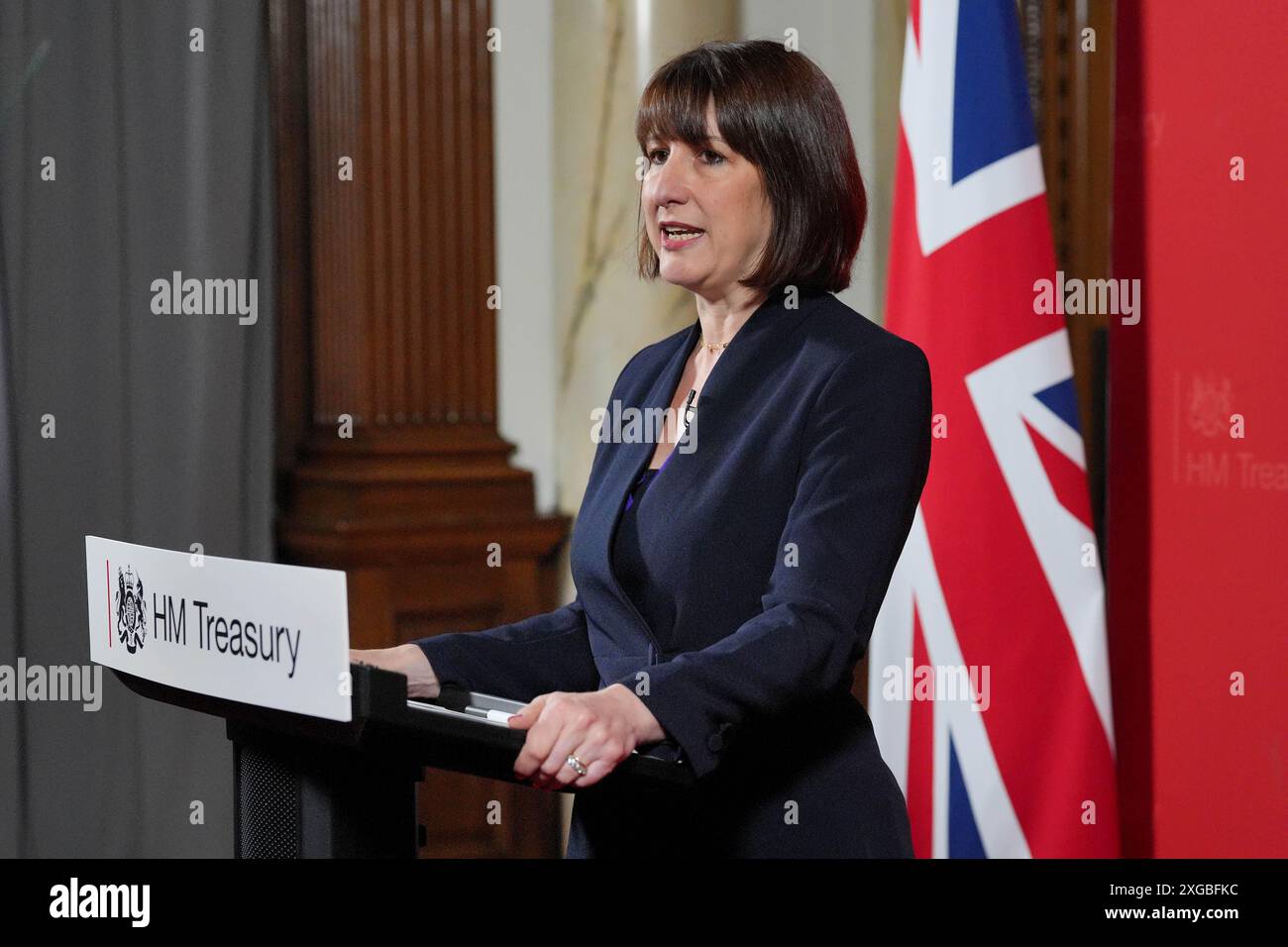 Chancellor Rachel Reeves giving a speech at the Treasury in London, to ...