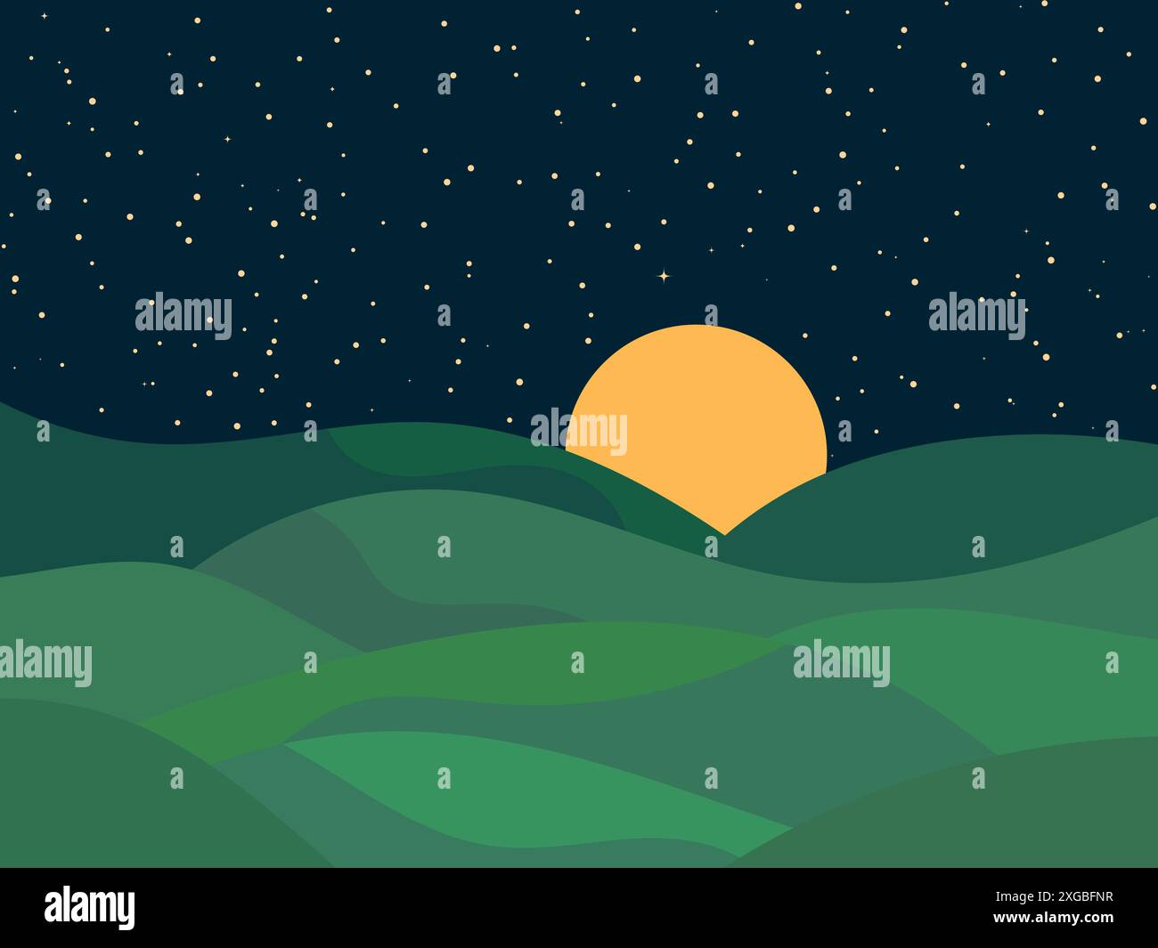 Night landscape with starry sky and moon, wavy landscape with green ...