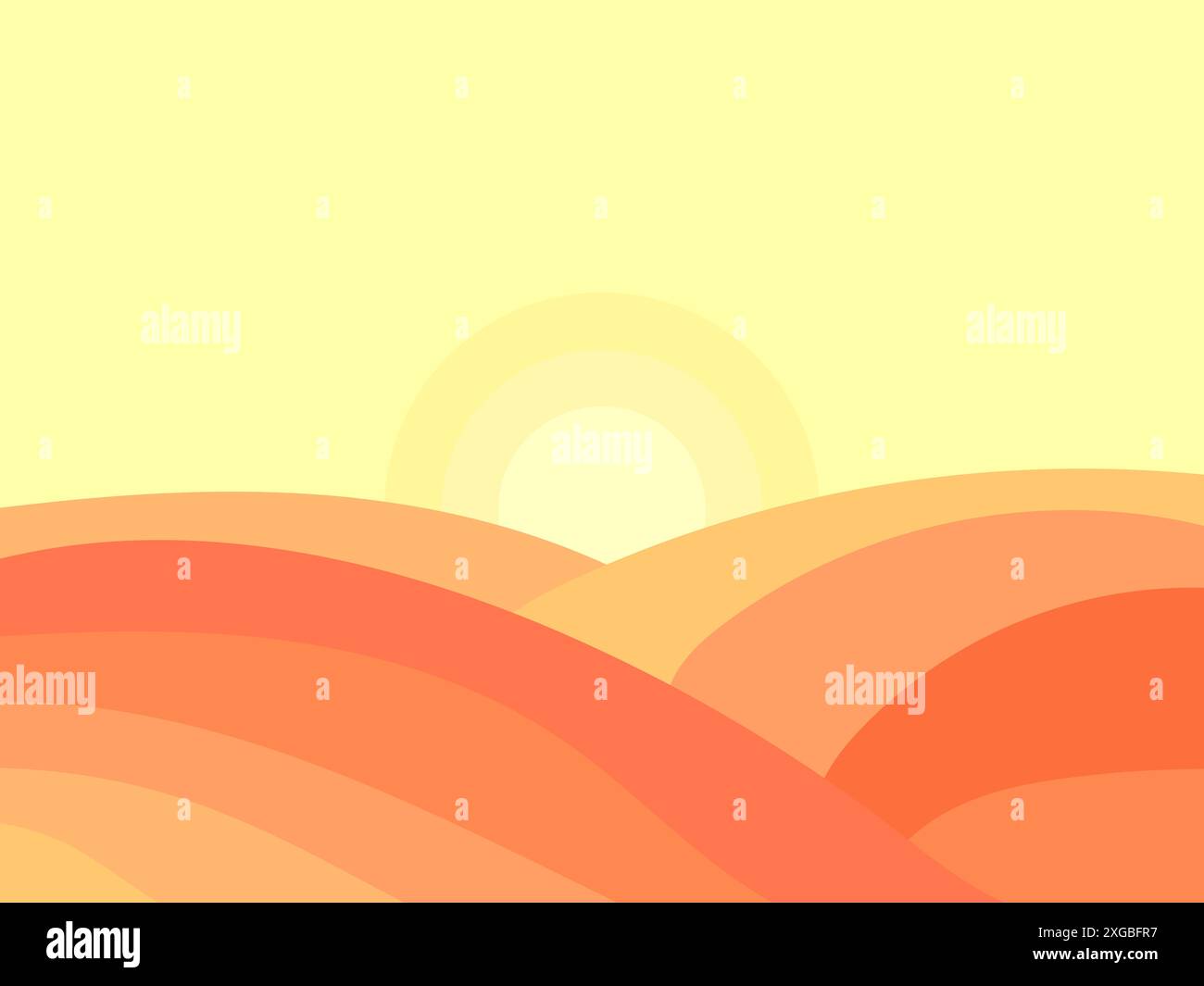 Desert landscape with dunes and sun in a minimalist style. Desert wavy ...