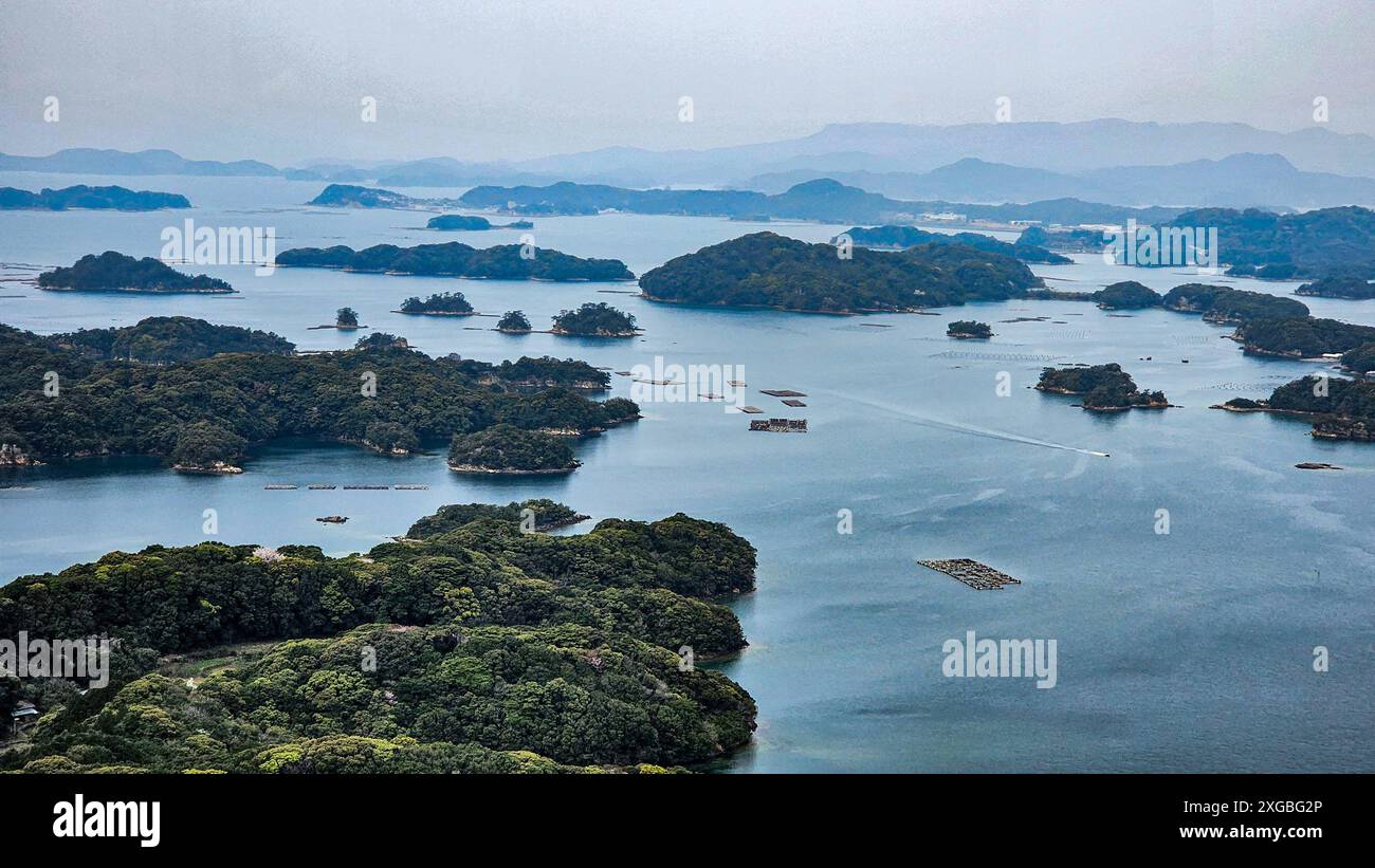 Aerial view of Kujuku Islands in Sasebo, Nagasaki, Japan with lush ...