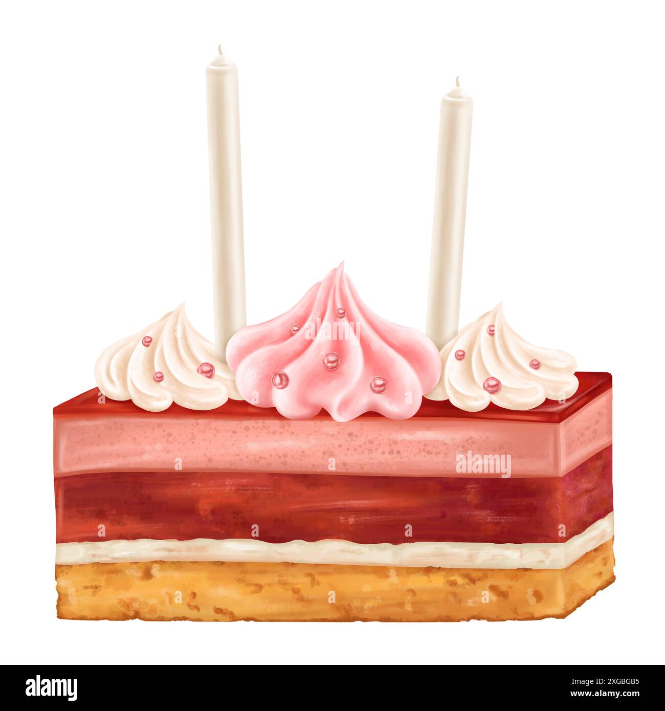 A square piece of berry cake with pink meringue in the form of roses ...