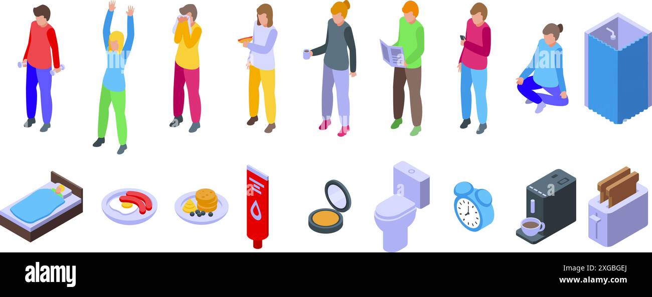 Morning ritual icons set. People morning routine set. Persons waking up ...