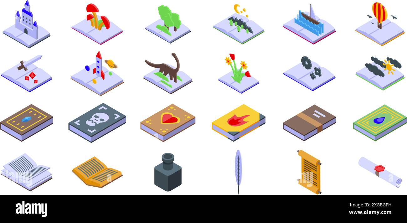 Fantasy paper book icons set. Open books are showing different stories ...