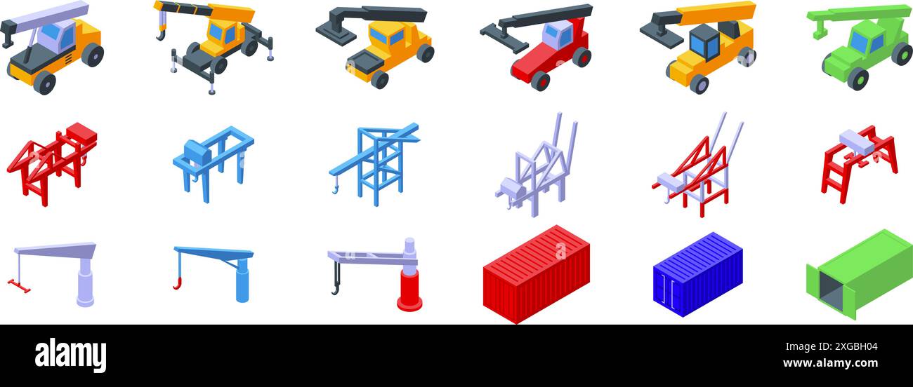 Crane lifting maritime container icons set. Collection of colorful ...