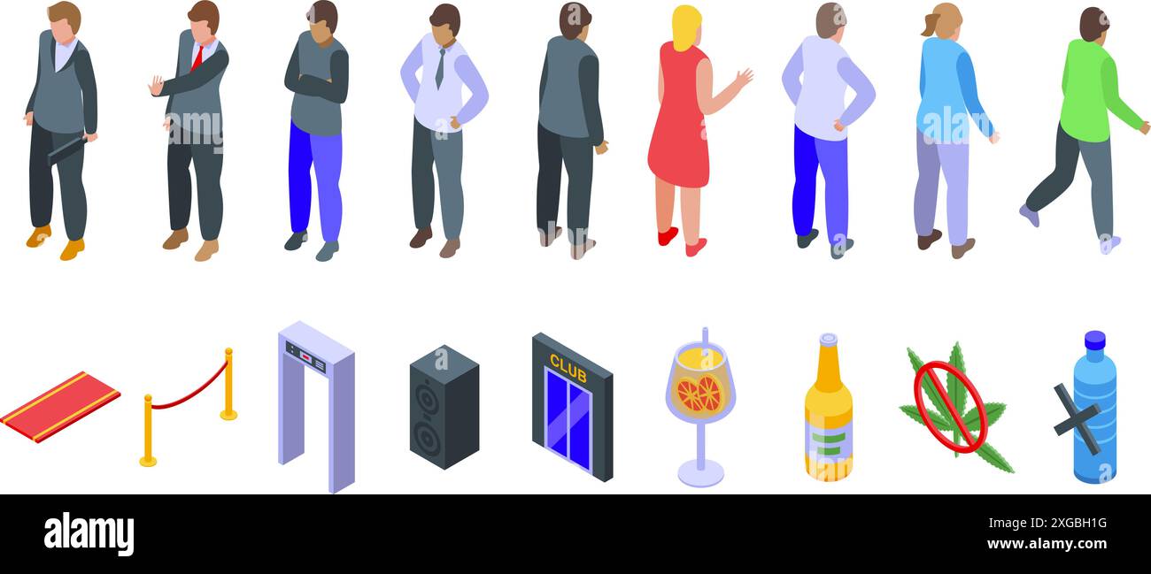 Face control party icons set. Isometric set of people waiting in line ...