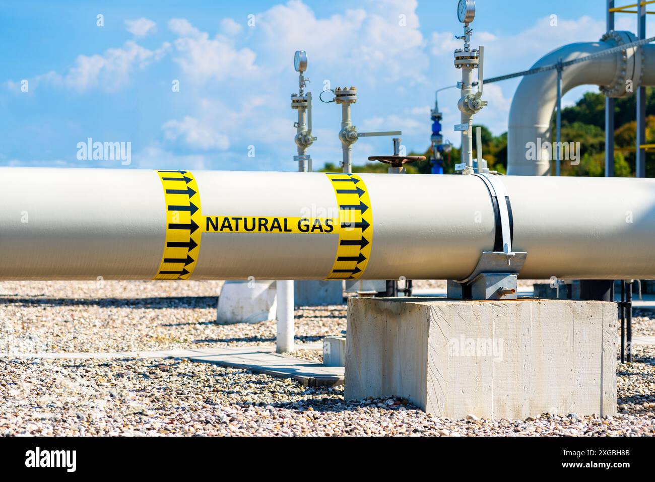 Natural gas pipeline with high pressure on compressor station. Concept ...