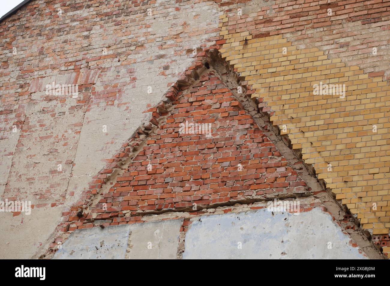 Brick firewall, roof, roof gable, demolition house, Quedlinburg, Saxony ...