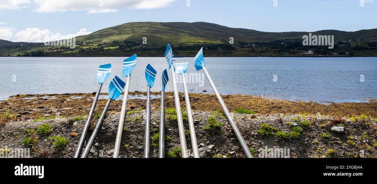 Rowing oars on shingle beach pointing at Bere Island. County Cork ...