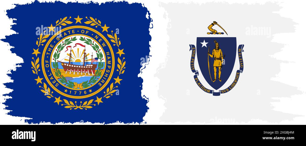 Massachusetts and New Hampshire states grunge brush flags connection ...