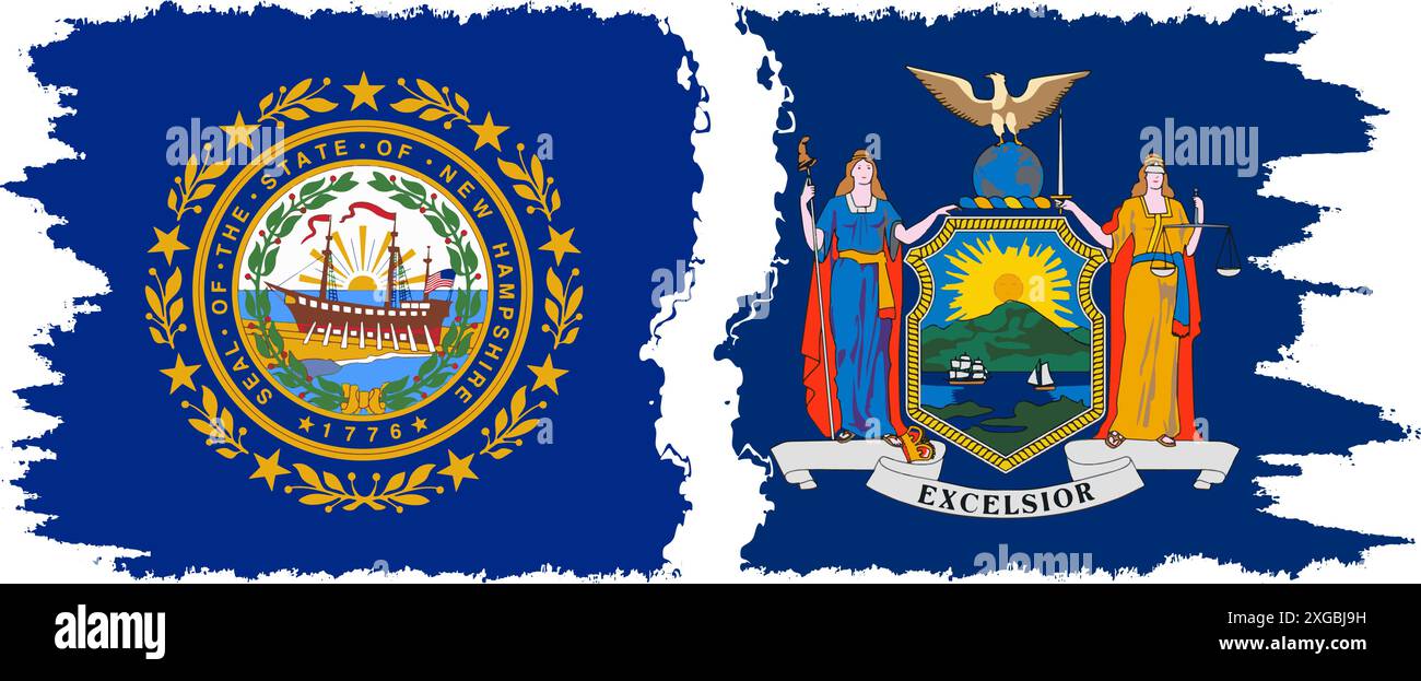 New York and New Hampshire states grunge brush flags connection, vector ...