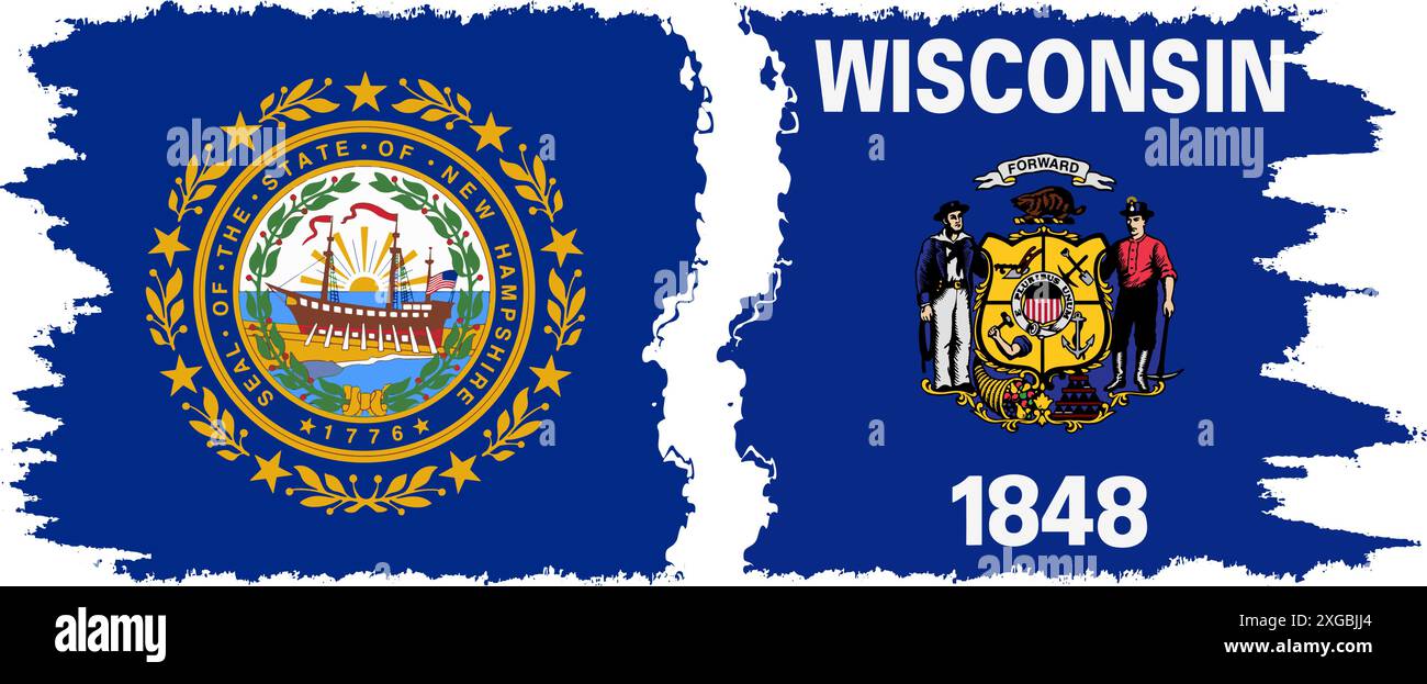 Wisconsin and New Hampshire states grunge brush flags connection ...