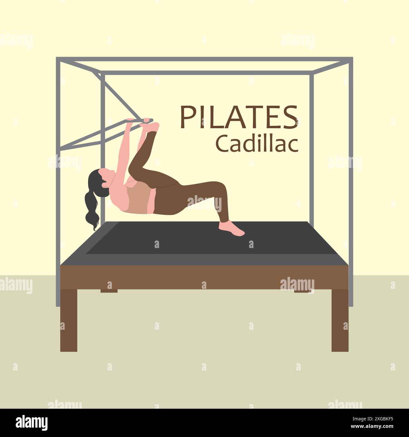 vector flat Pilates woman doing stretches on a pilates cadillac, icon ...
