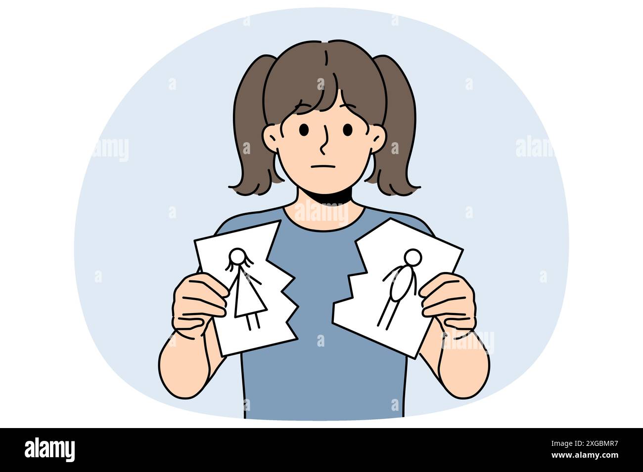 Sad little girl is nervous about parents divorce and is holding torn ...